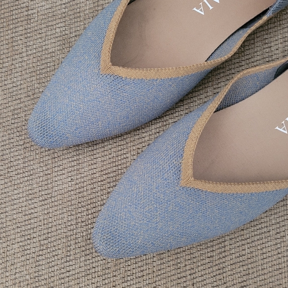 Vivaia | Shoes | Vivaia Vienna Sandy Blue Pointed Toe V Cut Flats ...